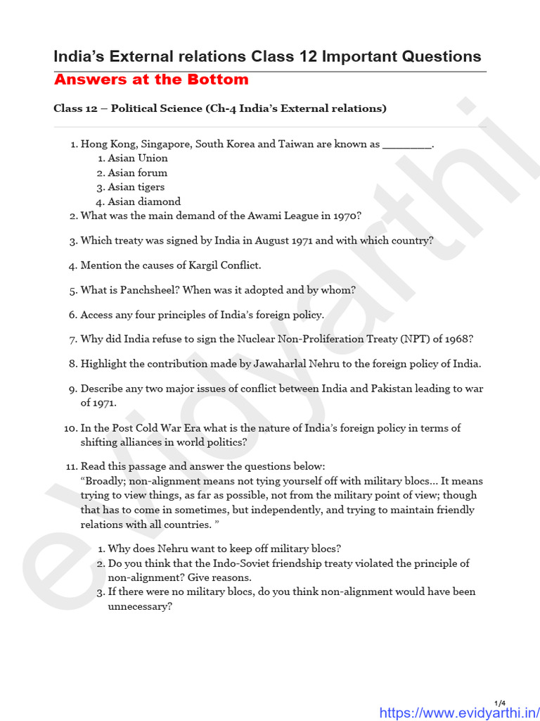Class 12 Political Science II Chapter 4 Important Questions | PDF ...