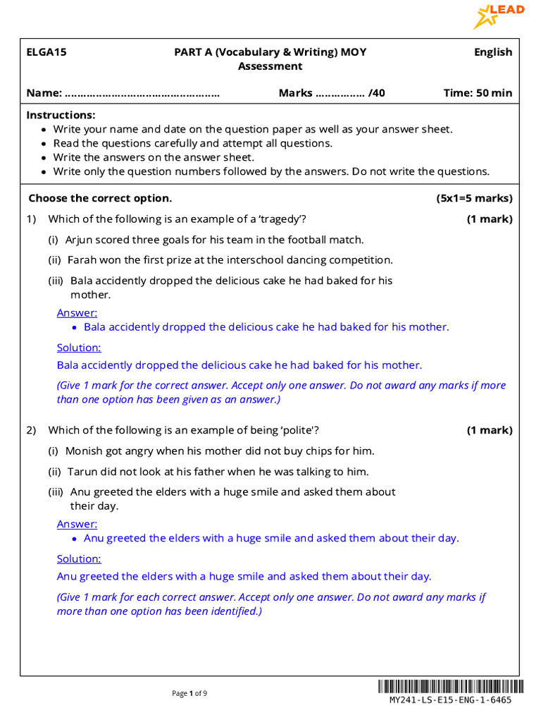 ELGA15 - English - MOY - AnswerKey 6465 | PDF