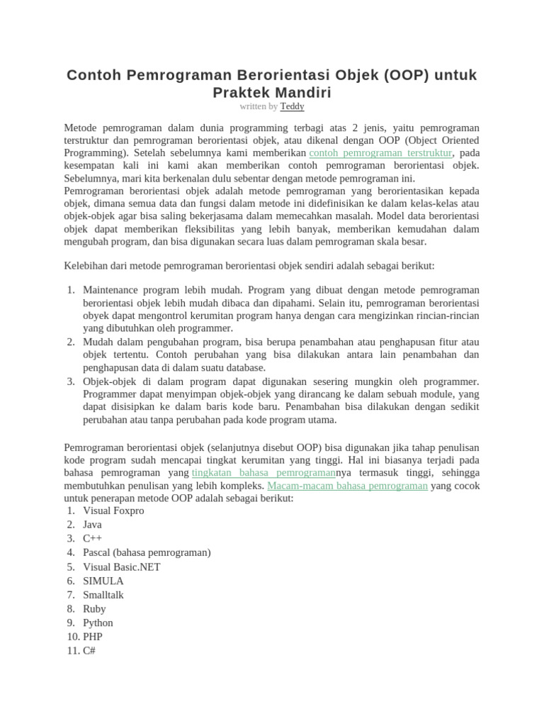 Contoh Pemrograman Berorientasi Objek | PDF