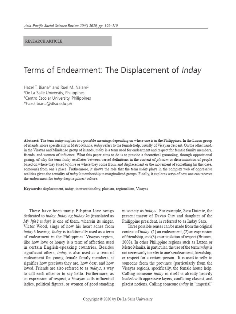 9 Terms of Endearment The Displacement of Inday | PDF | Intersectionality