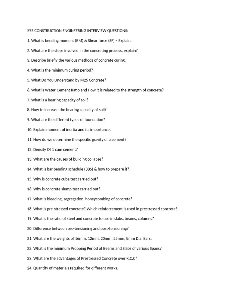 ?75 Construction Engineering Interview Questions | PDF | Concrete ...