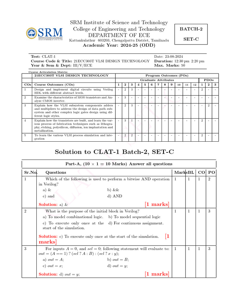 VLSI Design and Technology Solution CT1 2024-25 ODD | PDF | Field Effect Transistor | Electronic ...