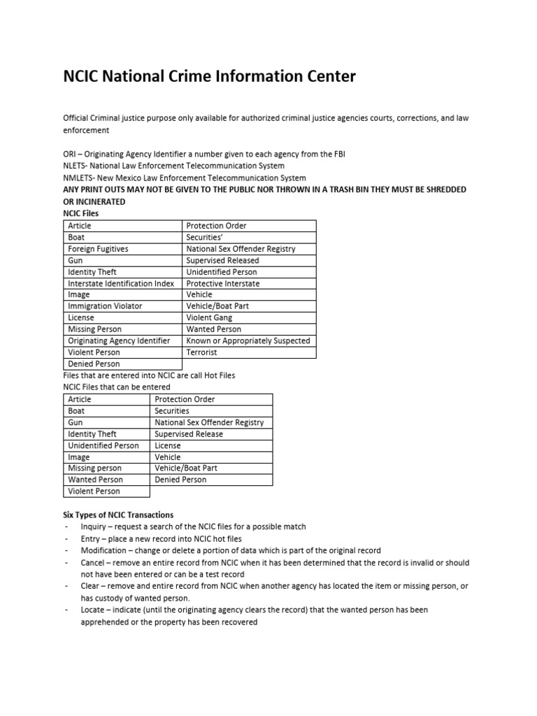 NCIC National Crime Information Center | PDF | Criminal Record | Fugitive