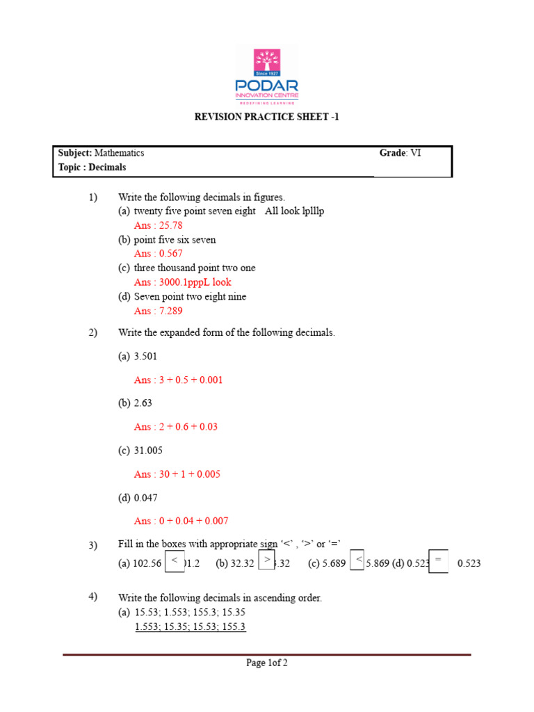 VI Grade Decimal Practice Worksheet | PDF | Notebook | Mathematics