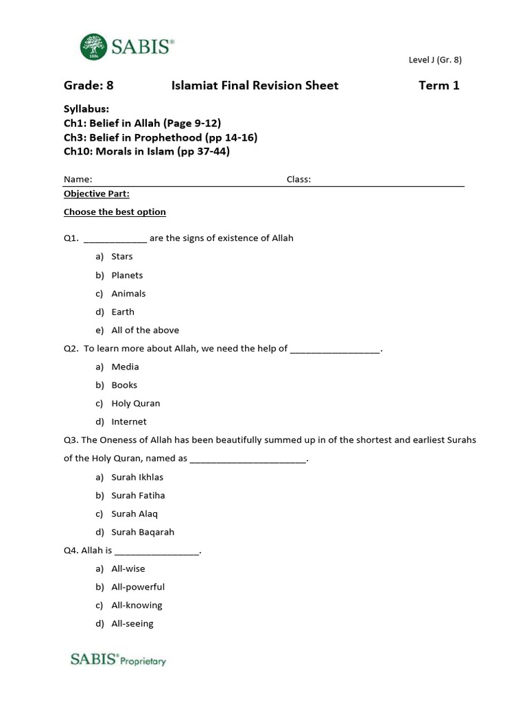Grade 8 Islamiyat T1 Final Revision Sheet 2223 | PDF | Prophets And ...