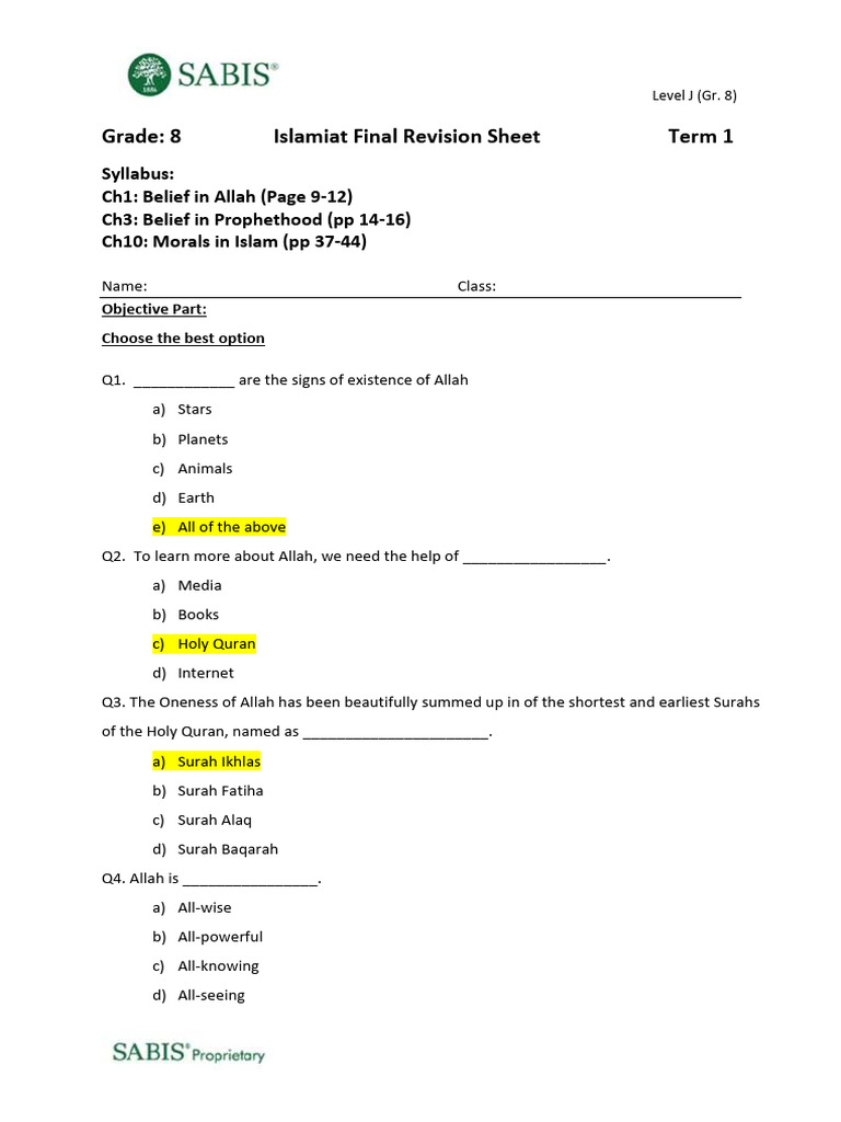 Grade 8 Islamiyat T1 Final Revision Sheet Ak 2 | PDF | Prophets And ...