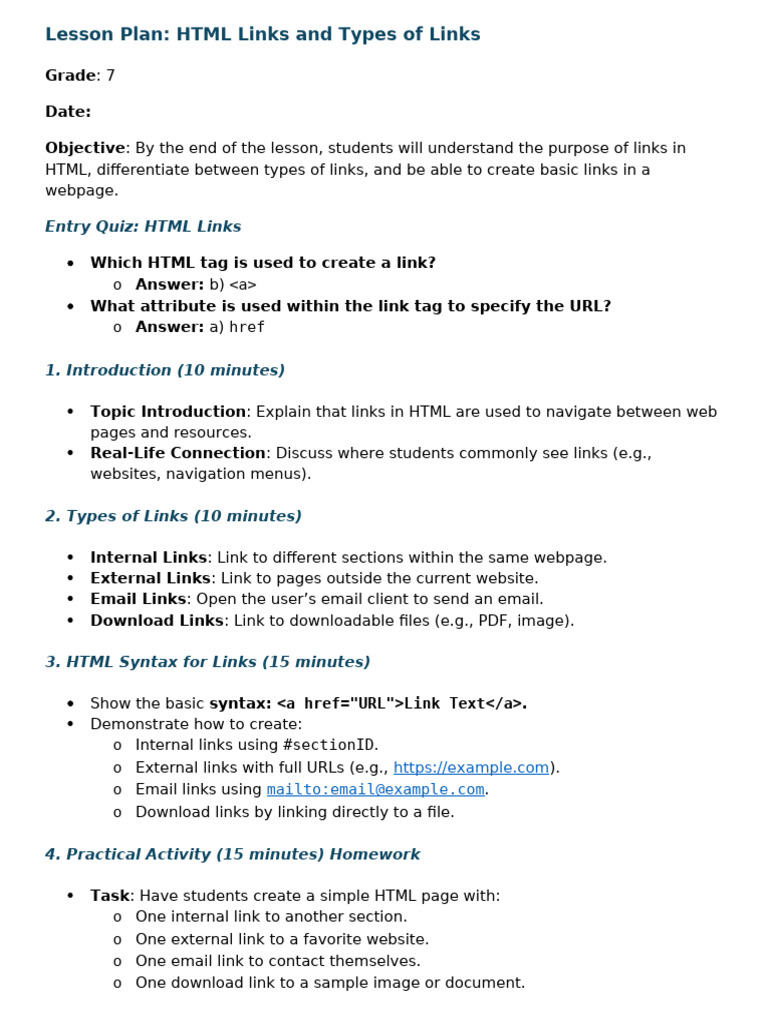 Lesson Plan HTML Links and Types of Links | PDF