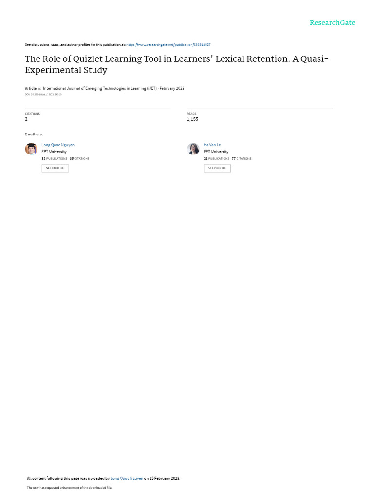 The Role of Quizlet Learning Tool in Learners' Lexical Retention: A Quasi-Experimental Study ...