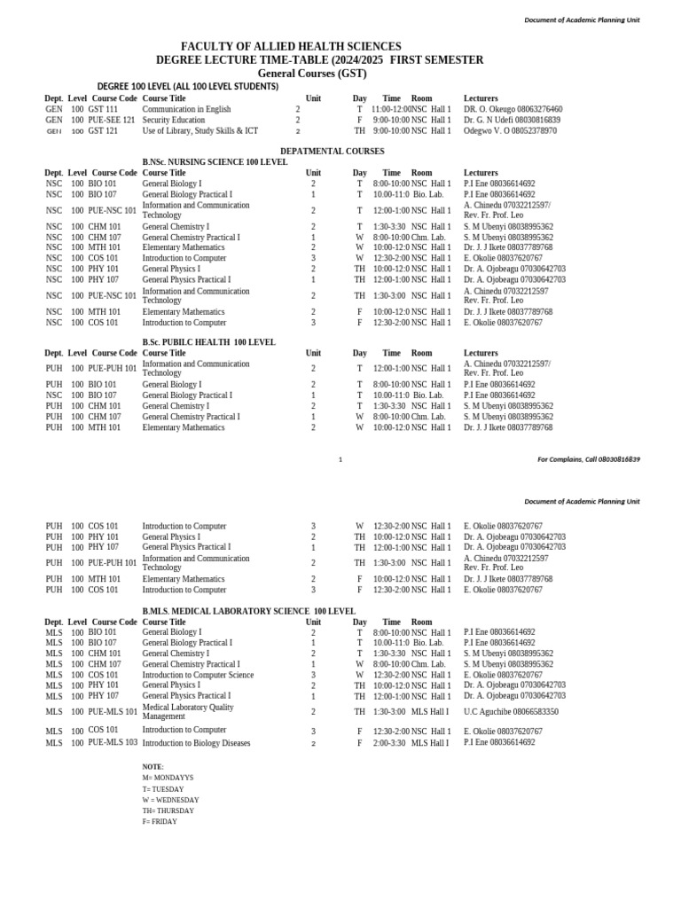2024 - 2025 100 Level Allied Health Science Draft | PDF | Science