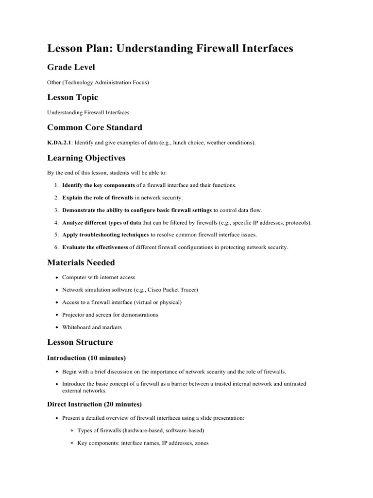 Lesson Plan - Understanding Firewall Interfaces | PDF | Firewall (Computing) | Computer Network