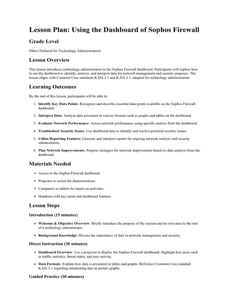 Lesson Plan - Using The Dashboard of Sophos Firewall | PDF | Data | Data Analysis