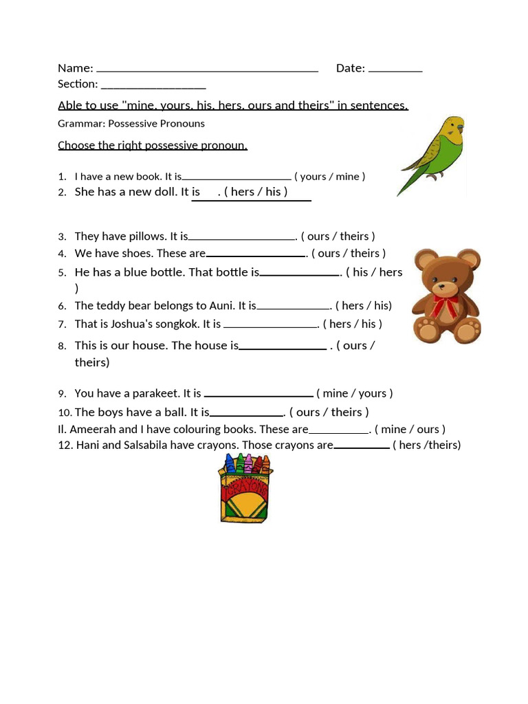 Grade 3 Possessive Pronouns Worksheet | PDF | Language Arts ...