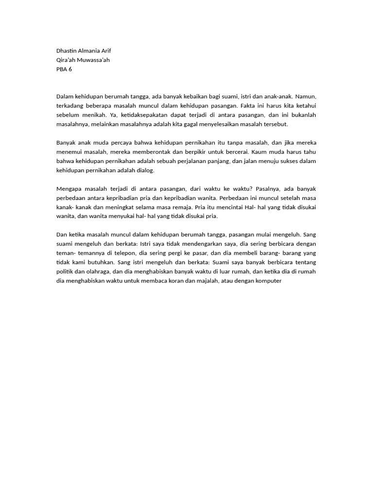 UTS Q. Muwassa'ah - Dhastin Almania Arif (PBA 6) | PDF