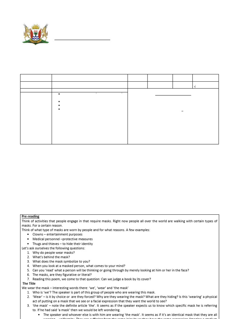 We Wear the Mask: Grade 11 Worksheet | PDF | Poetry | Deception