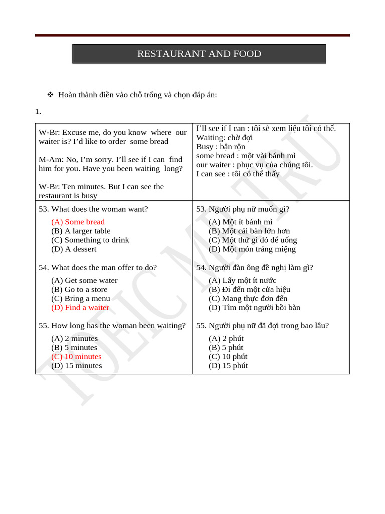 Part 3, Phần 1 | PDF | Waiting Staff