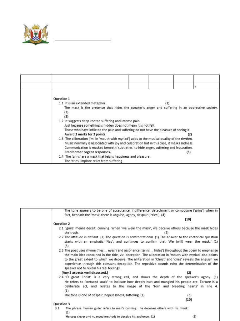 ENGLISH HL GRADE 11 Answer Sheet We Wear The Mask | PDF | Language Arts & Discipline | Foreign ...