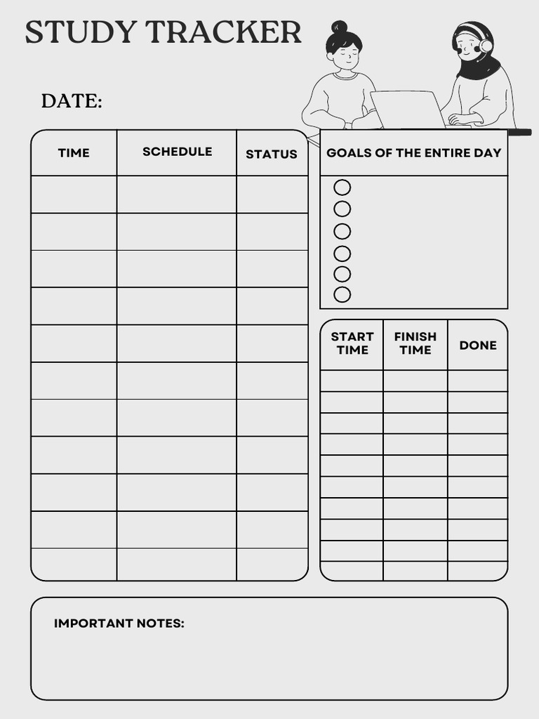 Grey Black Simple Illustrative Study Tracker Planner | PDF
