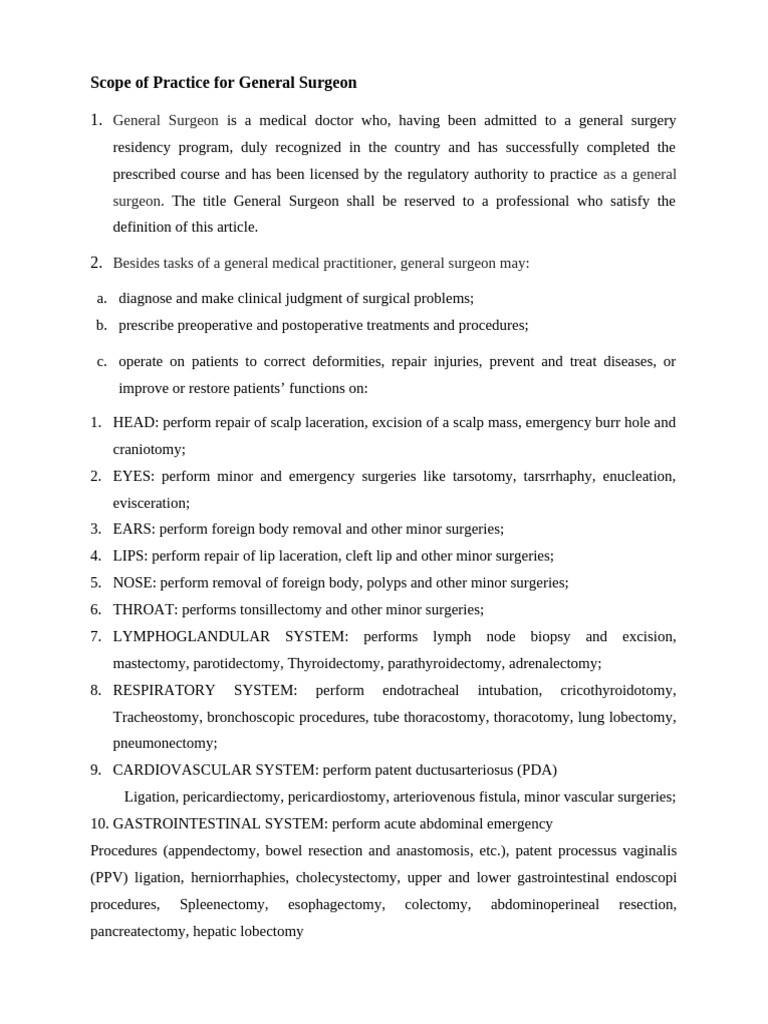 Scope of Practice For General Surgeon | PDF | Surgery | Medical Procedures