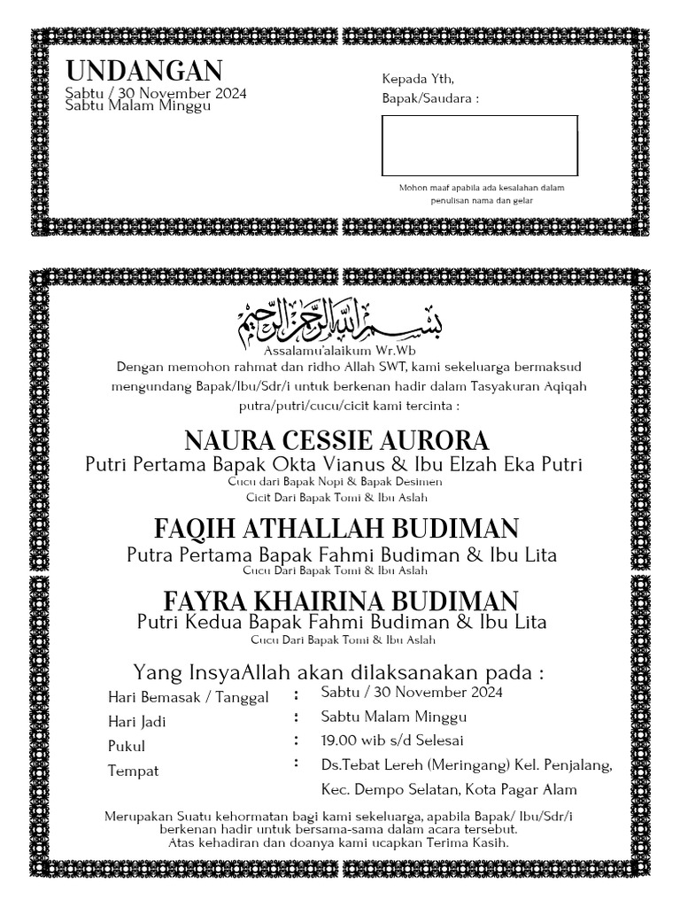 Putih Hitam Minimalis Klasik Sederhana Undangan Tasyakuran Aqiqah | PDF