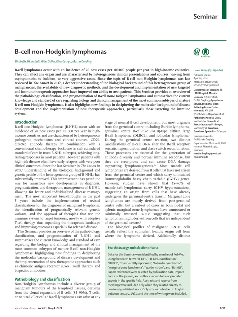 B-Cell Non-Hodgkin Lymphomas | PDF | Lymphoma | B Cell