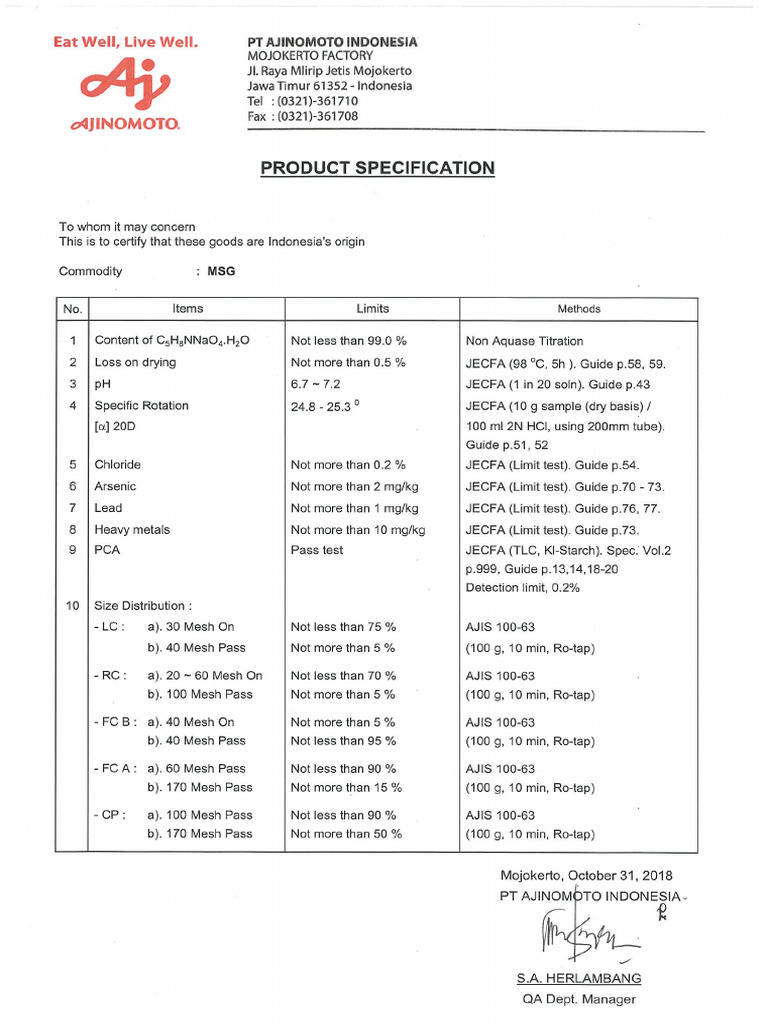 Product Spec MSG Ajinomoto | PDF