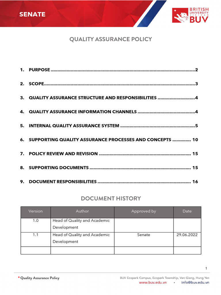 BUV Quality Assurance Policy Overview | PDF | Quality Assurance ...