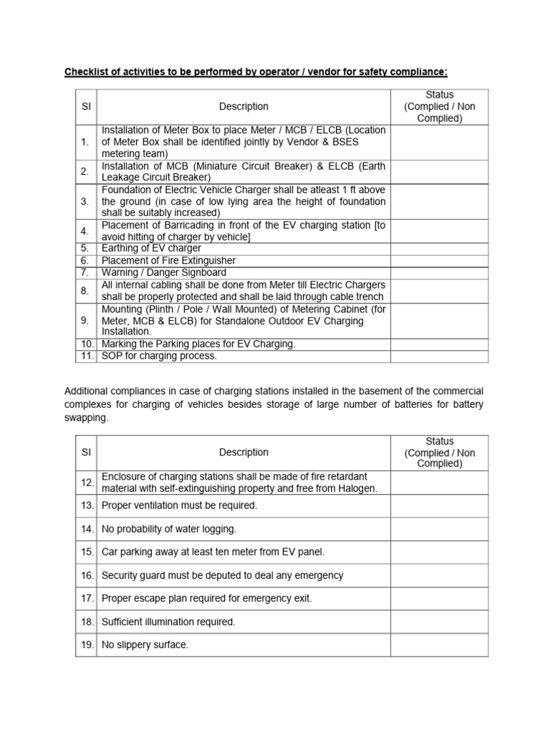 EV Charging Station Safety Compliance Checklist | PDF | Battery Charger ...