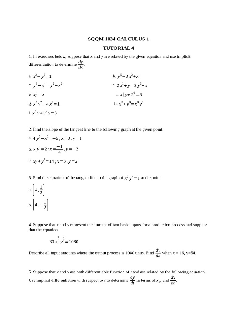 Calculus 1 Implicit Differentiation Exercises | PDF | Derivative | Tangent