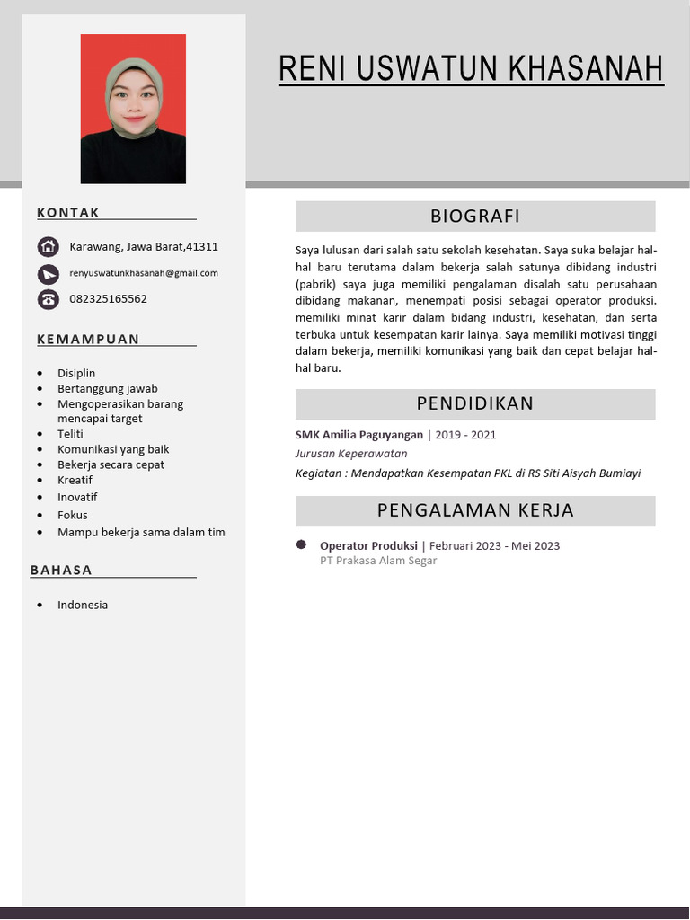 CV - Reni Uswatun Khasanah-1 | PDF | Karier & Perkembangan | Kesehatan Holistik
