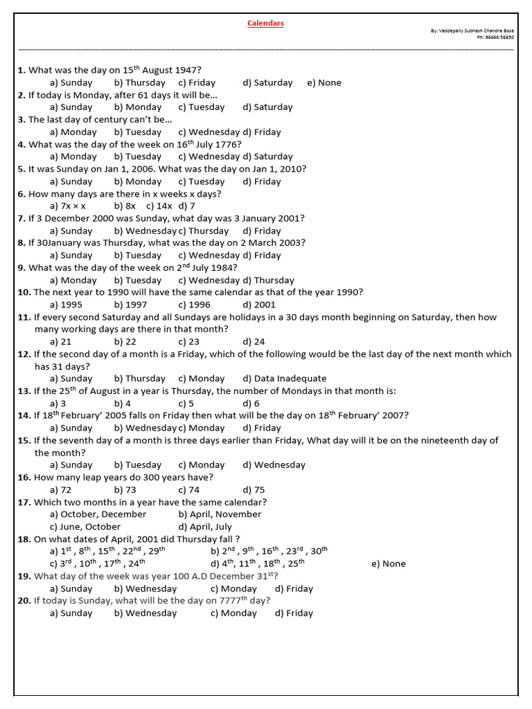 Calendars Practice Questions | PDF