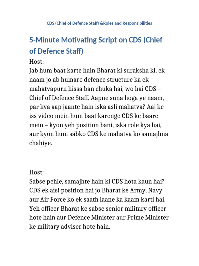 CDS (Chief of Defence Staff) &roles and Responsibilities | PDF ...
