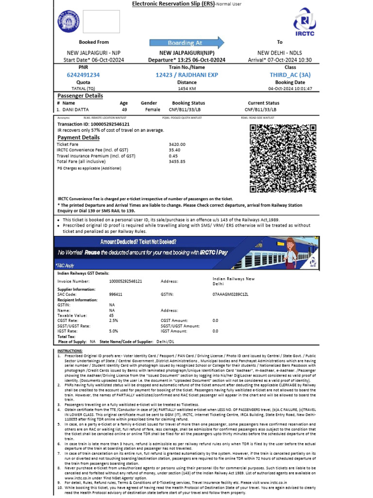 Print - NEW JALPAIGURI - NJP - NEW DELHI - NDLS - 6242491234 | PDF | Identity Document