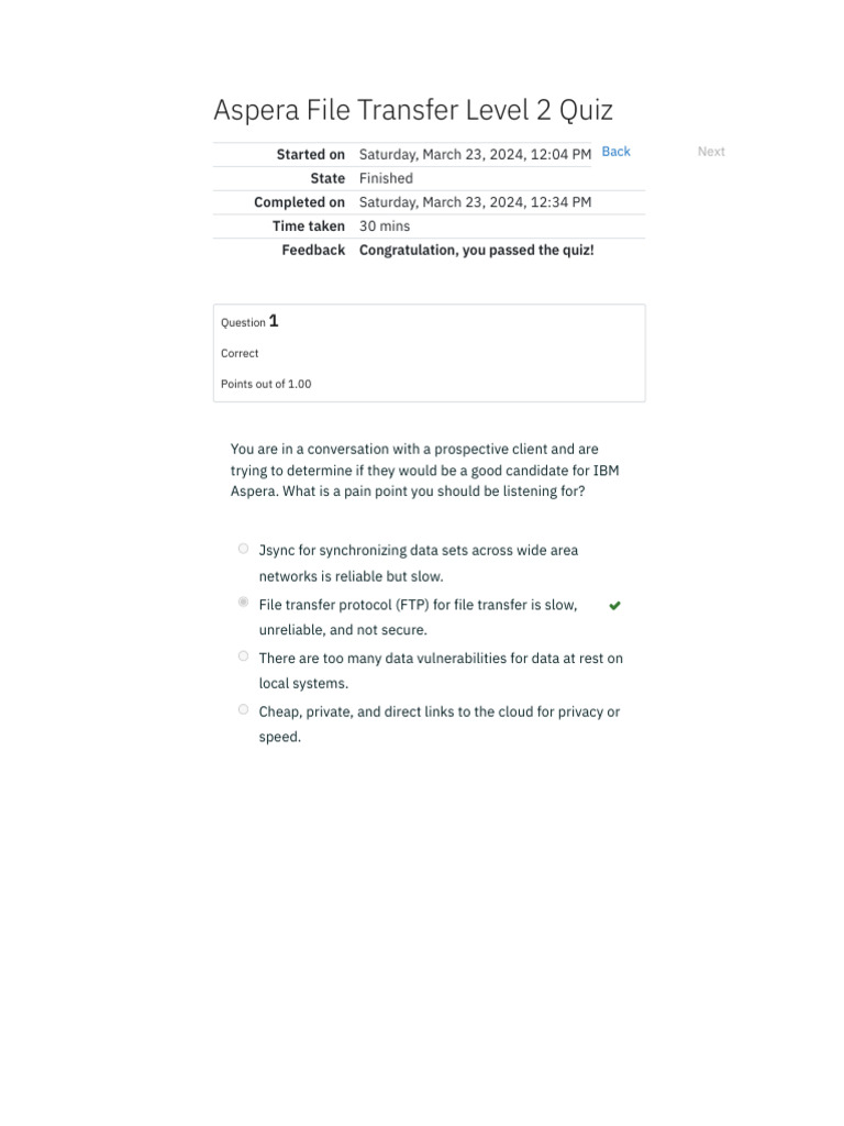 Aspera File Transfer Level 2 Quiz Results | PDF | Cloud Computing | Streaming Media