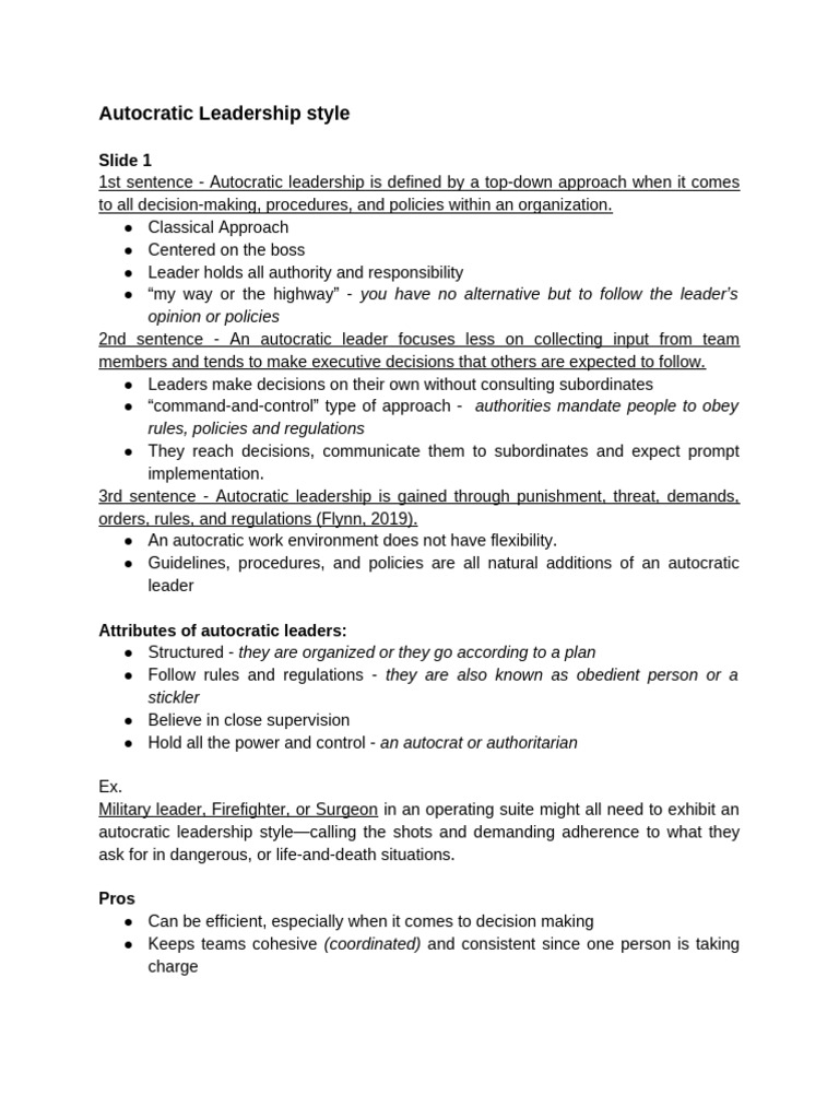 Autocratic Leadership | PDF | Leadership | Organizational Behavior