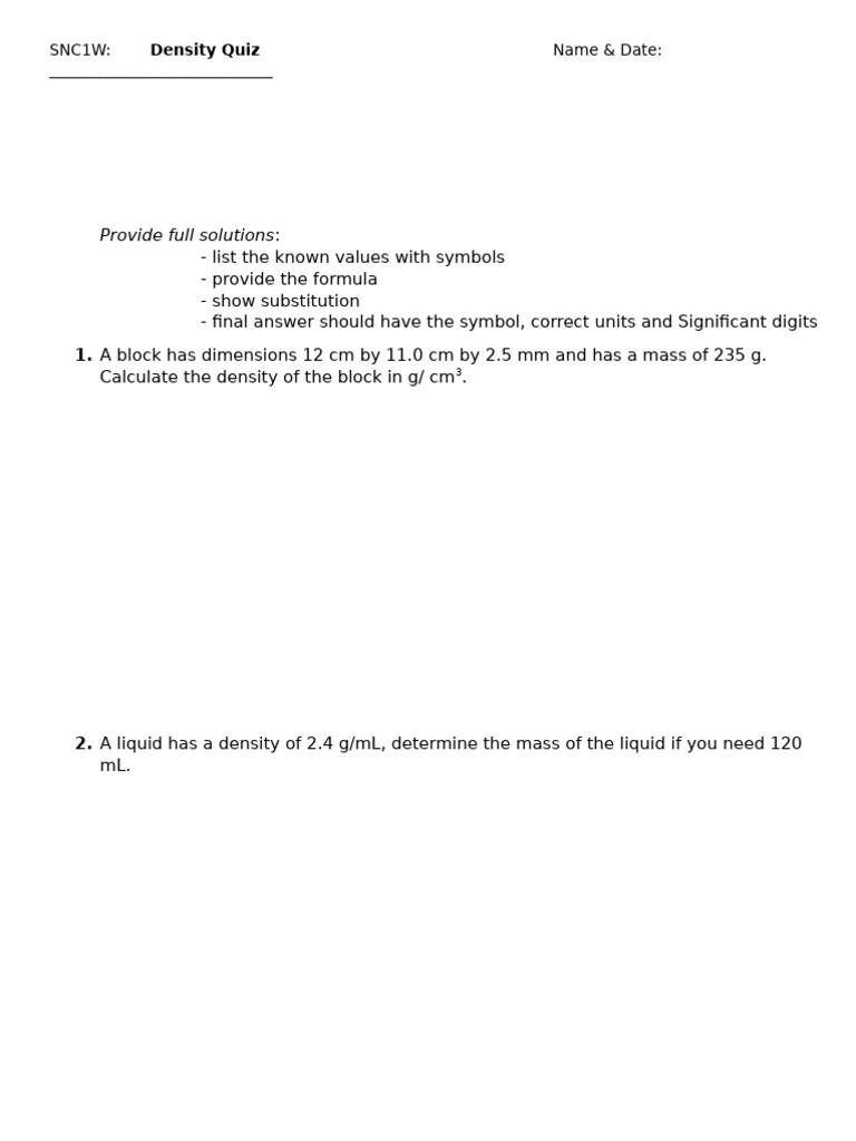 Snc1w Density Quiz | PDF