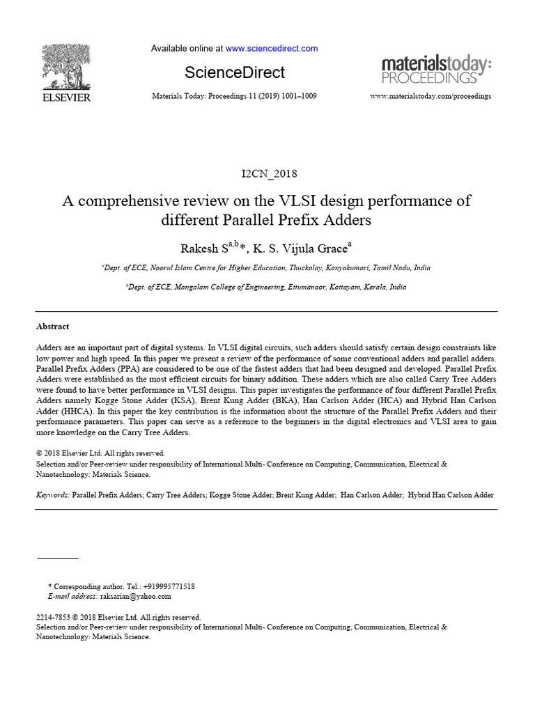 VLSI Performance of Parallel Prefix Adders | PDF | Digital Electronics | Electronics