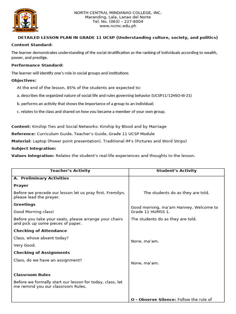 Grade 11 UCSP Lesson Plan: Kinship | PDF | Marriage | Kinship