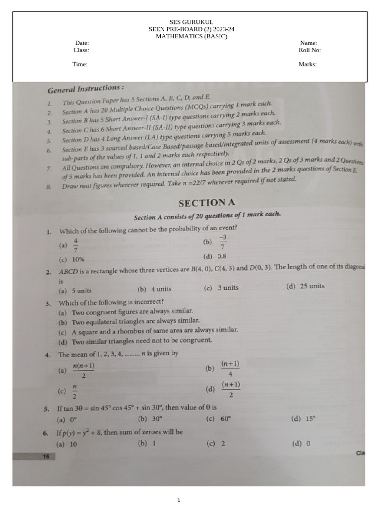 Math Pre-Board Exam 2023-24 | PDF