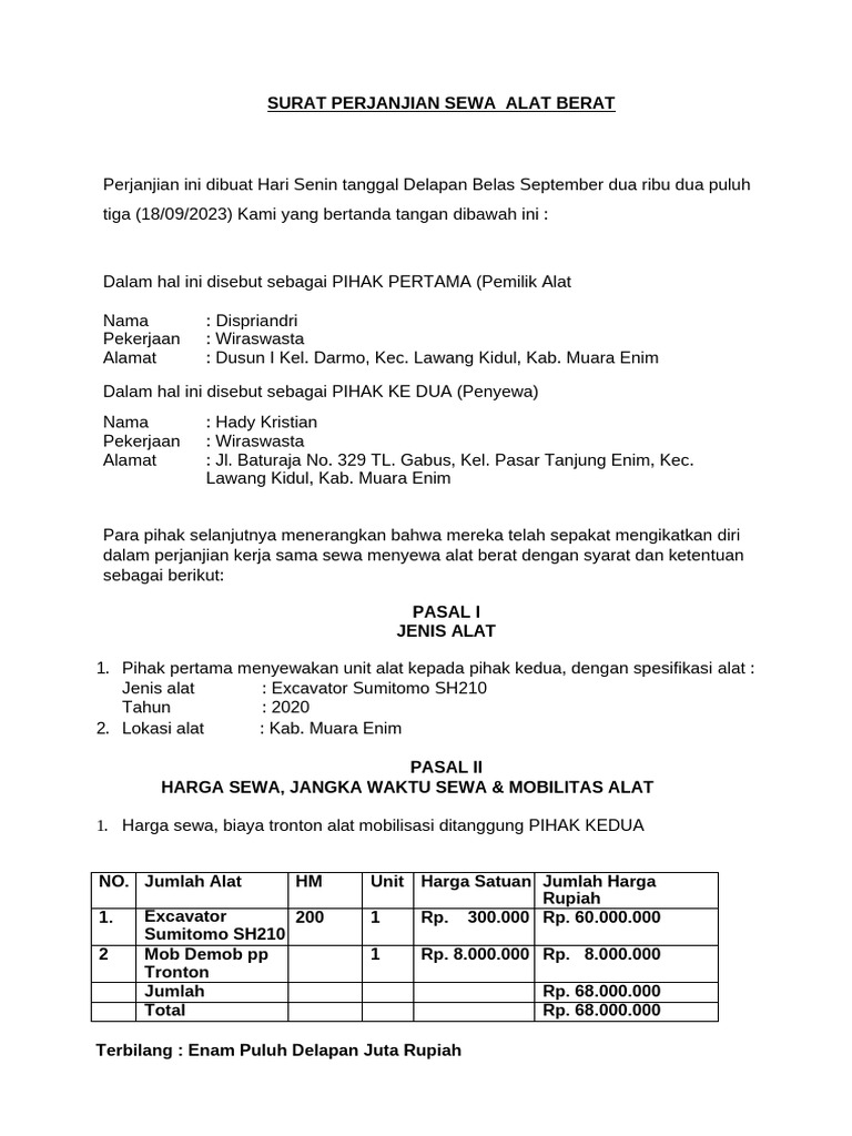 Draft SURAT PERJANJIAN SEWA ALAT BERAT | PDF
