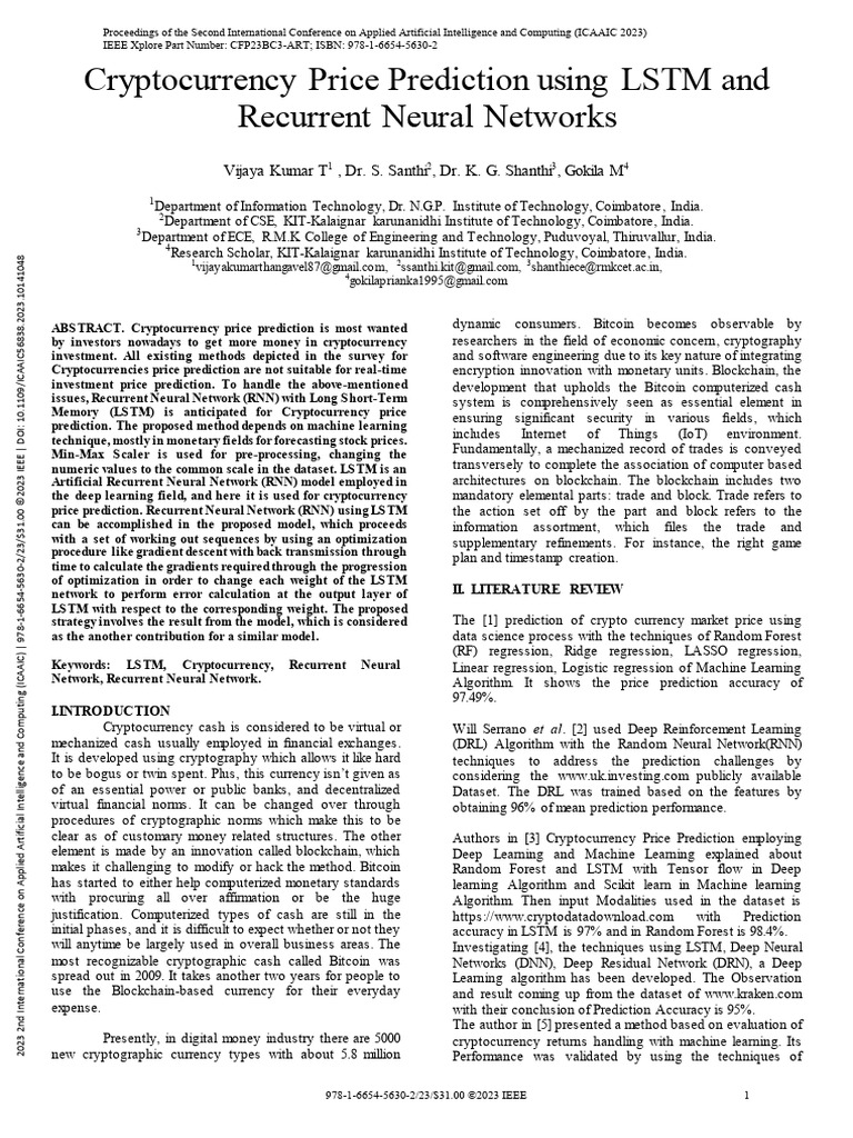 Cryptocurrency Price Prediction Using LSTM and Recurrent Neural Networks | PDF | Artificial ...