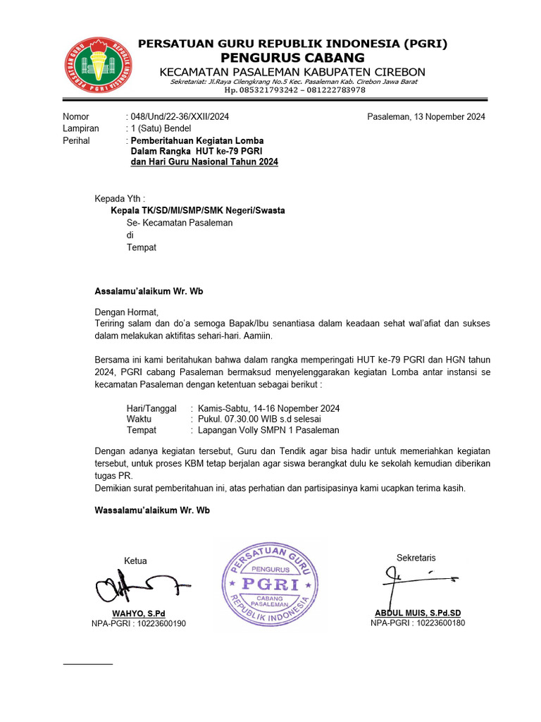 Surat PGRI NO 048-PEMBERITAHUAN KEGIATAN HUT KE-79 PGRI DAN HGN 2024 | PDF