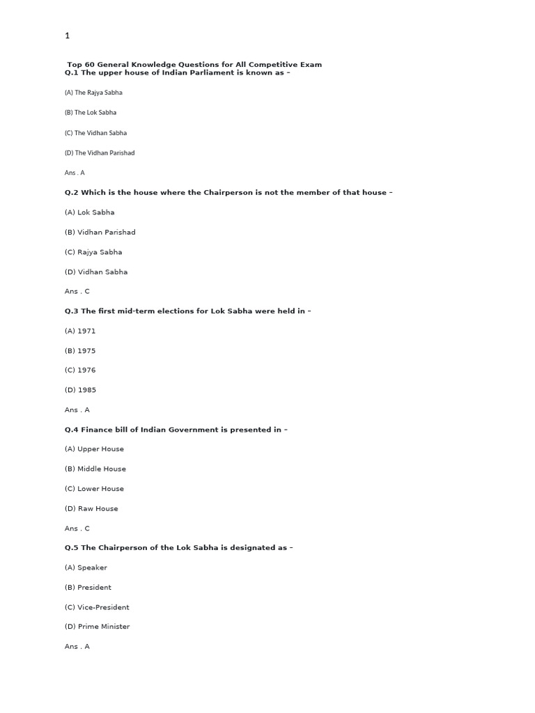 Top 60 MCQ | PDF | Government Of India