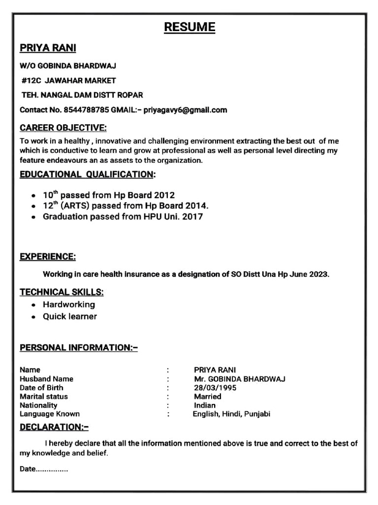 Priya Rani Care Health CV | PDF | Career & Growth