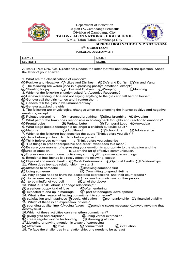 Perdev Exam 2023 2024 | PDF | Emotions | Love Perdev Exam 2023 2024 | PDF | Emotions | Love