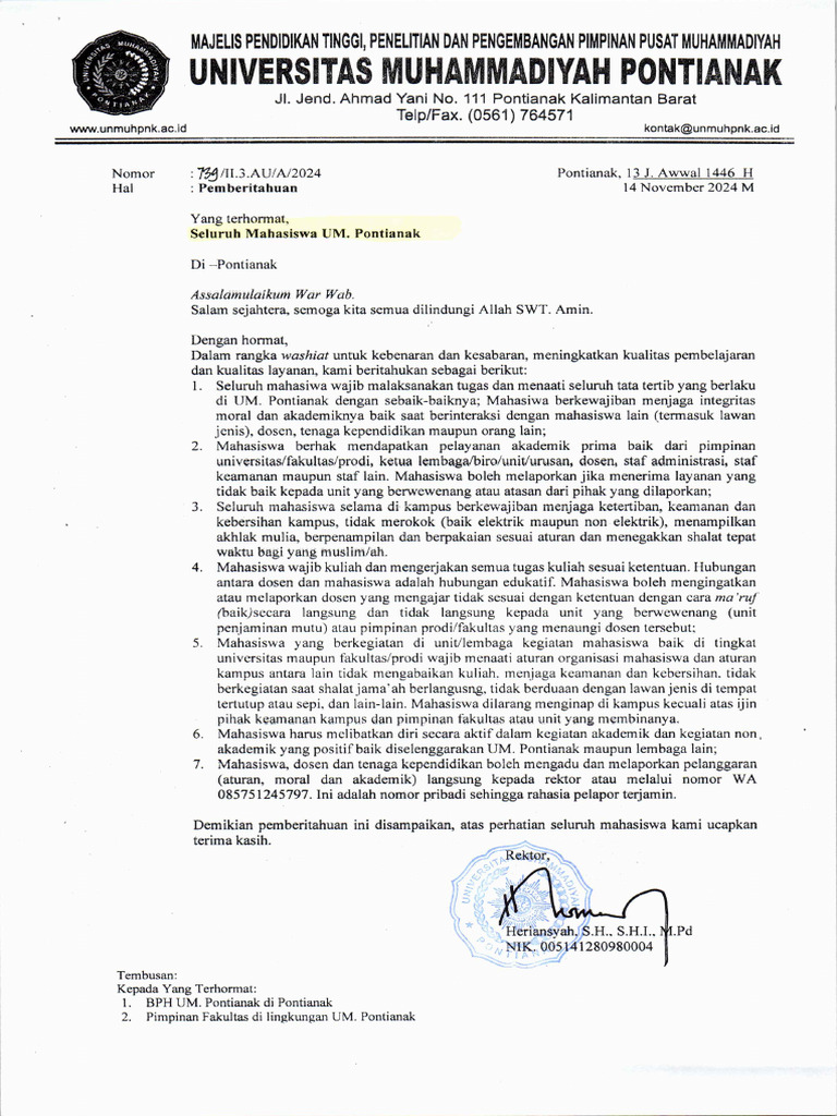 Pemberitahuan Rektor Ke Mahasiswa | PDF