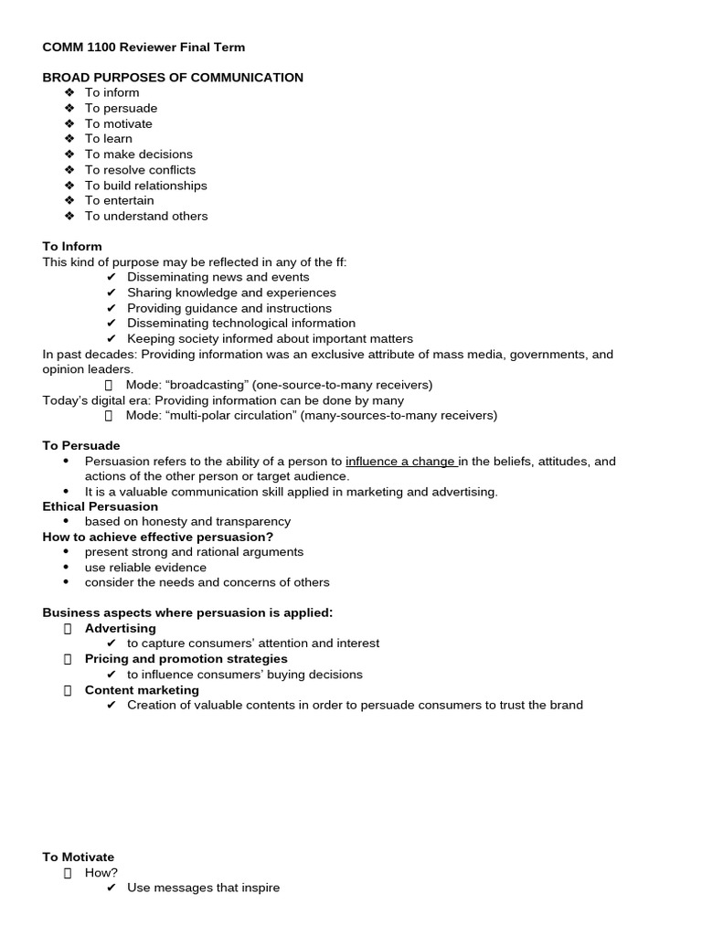 COMM 1100 Reviewer Final Term | PDF | Communication | Persuasion