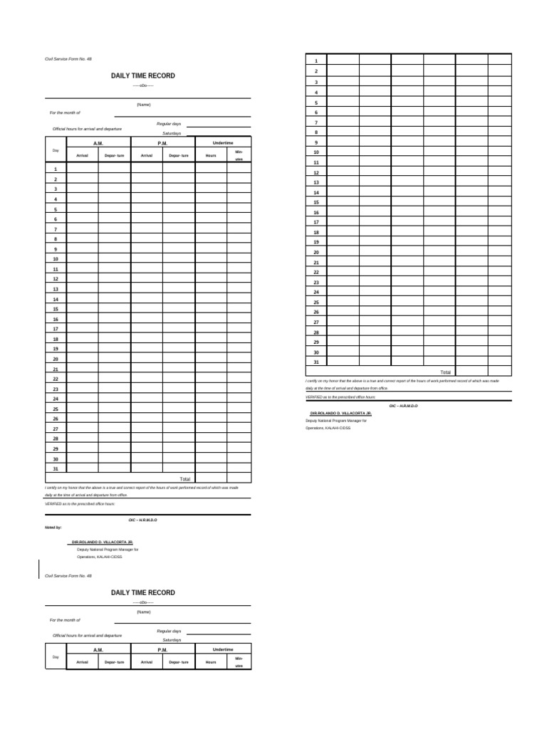 Civil Service Daily Time Record Form | PDF