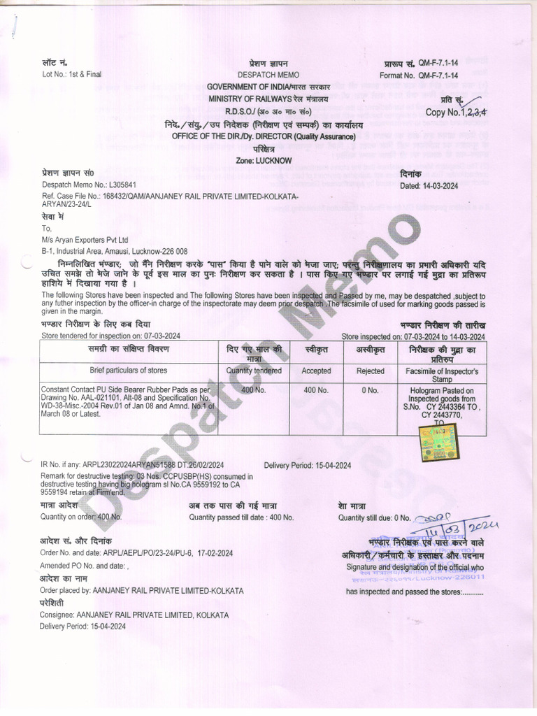 Aanjaney Rail PVT - LTD., D.M. dt.14.03.24 | PDF