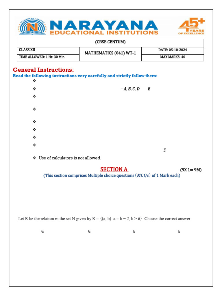 Class-Xii Centum Mathematics 05-10-2024 QP Wt-1 | PDF | Mathematical Objects | Mathematical Logic