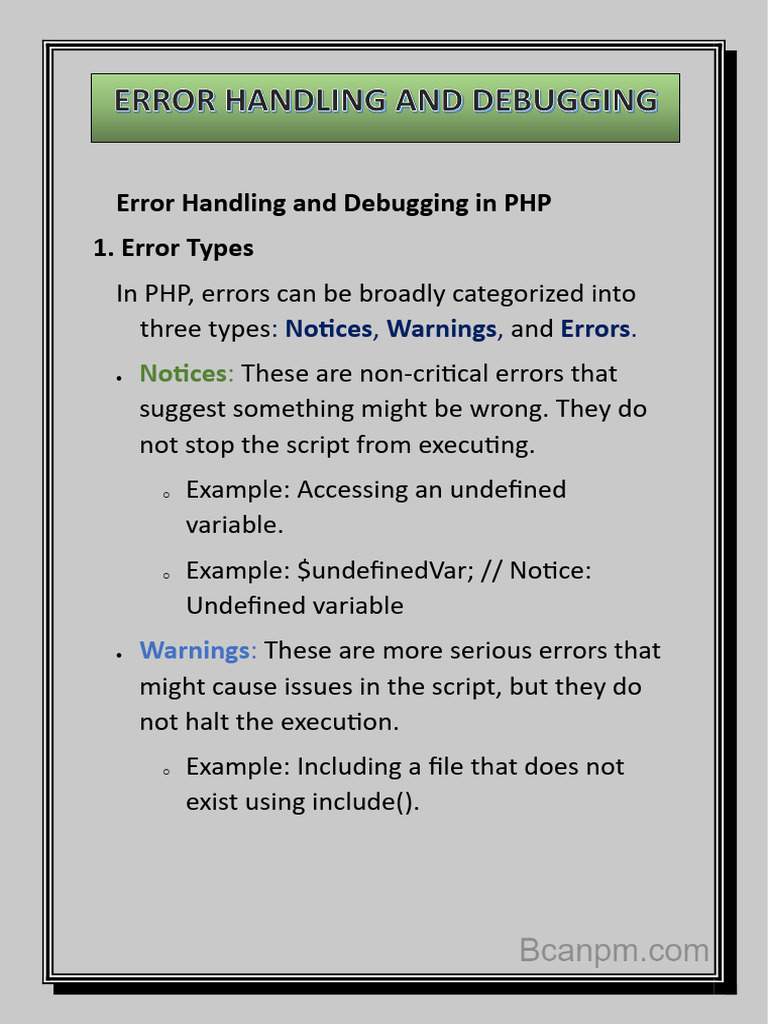 Error Handling and Debugging | PDF | Php | Debugging Error Handling and Debugging | PDF | Php | Debugging